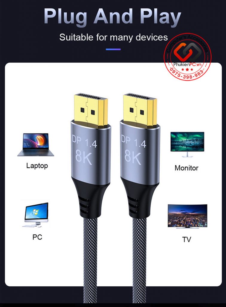 Dây cáp Displayport 1.4 dài 0.5M 8K 60hz 2K 165hz