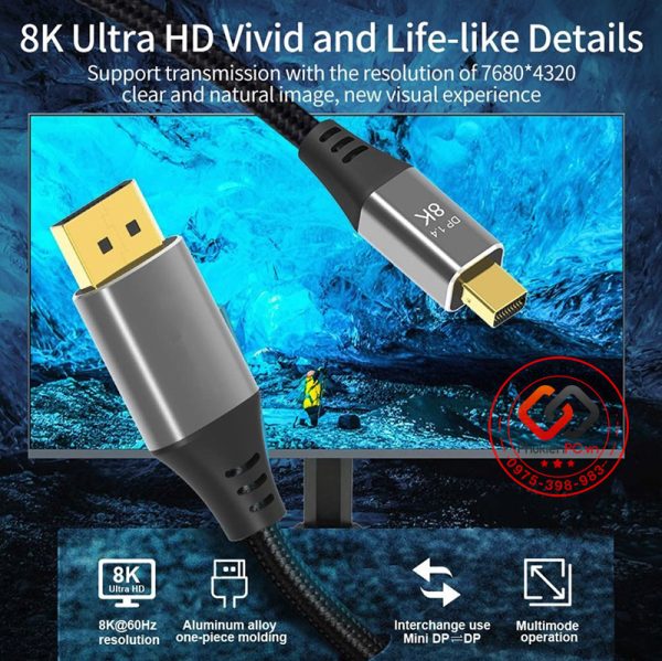 Cáp Mini Displayport sang Displayport 1.4 8K60hz 4K144hz dài 1M