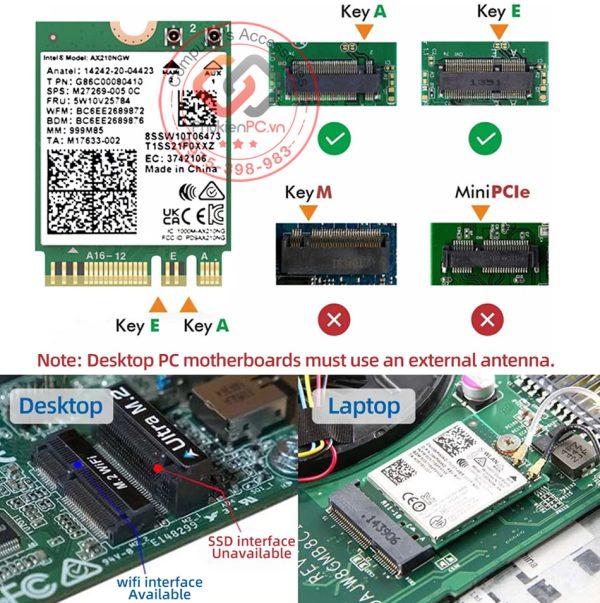 Card Wifi 6E/5G/2.4Ghz M.2 NGFF Intel AX210 tốc độ 2400Mbps