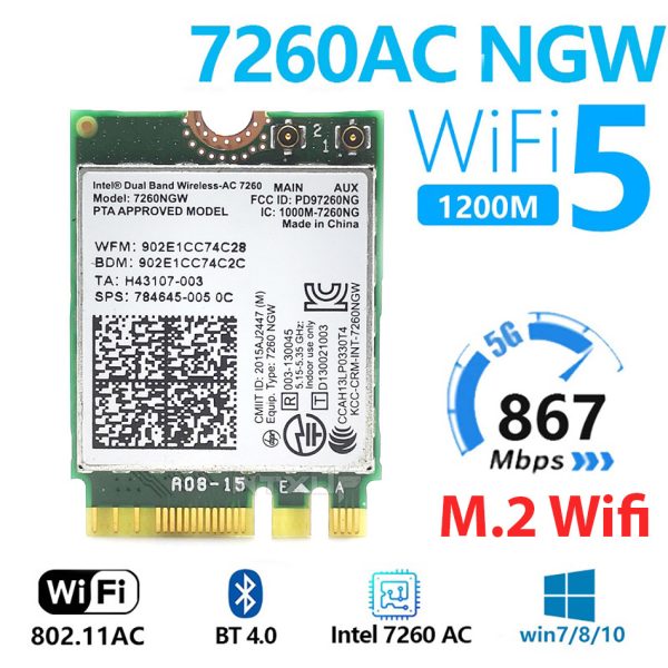 Card mạng Wifi Intel Dual Band Wireless 7260NGW 2.4G 5G 867Mbps Bluetooth 4.0