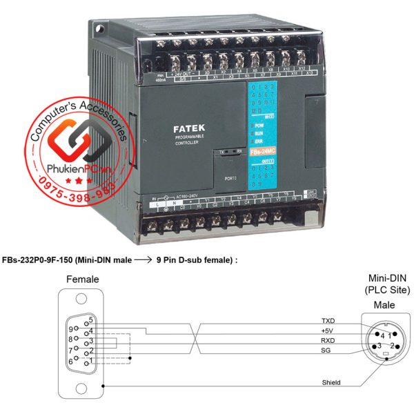 Cáp lập trình FBs-232P0-9F-150 kết nối FATEK FBs-CB55 với máy tính RS232 PLC Mini DIN 4pin to ...