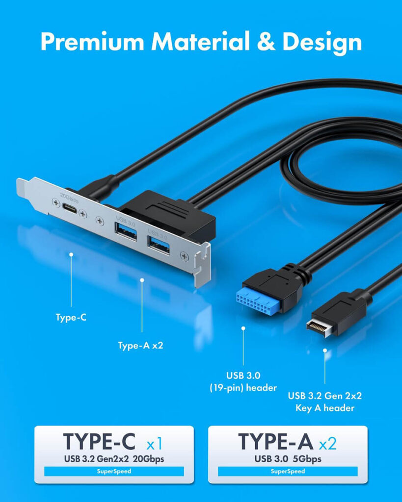Cáp Type E, 20Pin header to 2 USB-A + Type-C 20Gbps